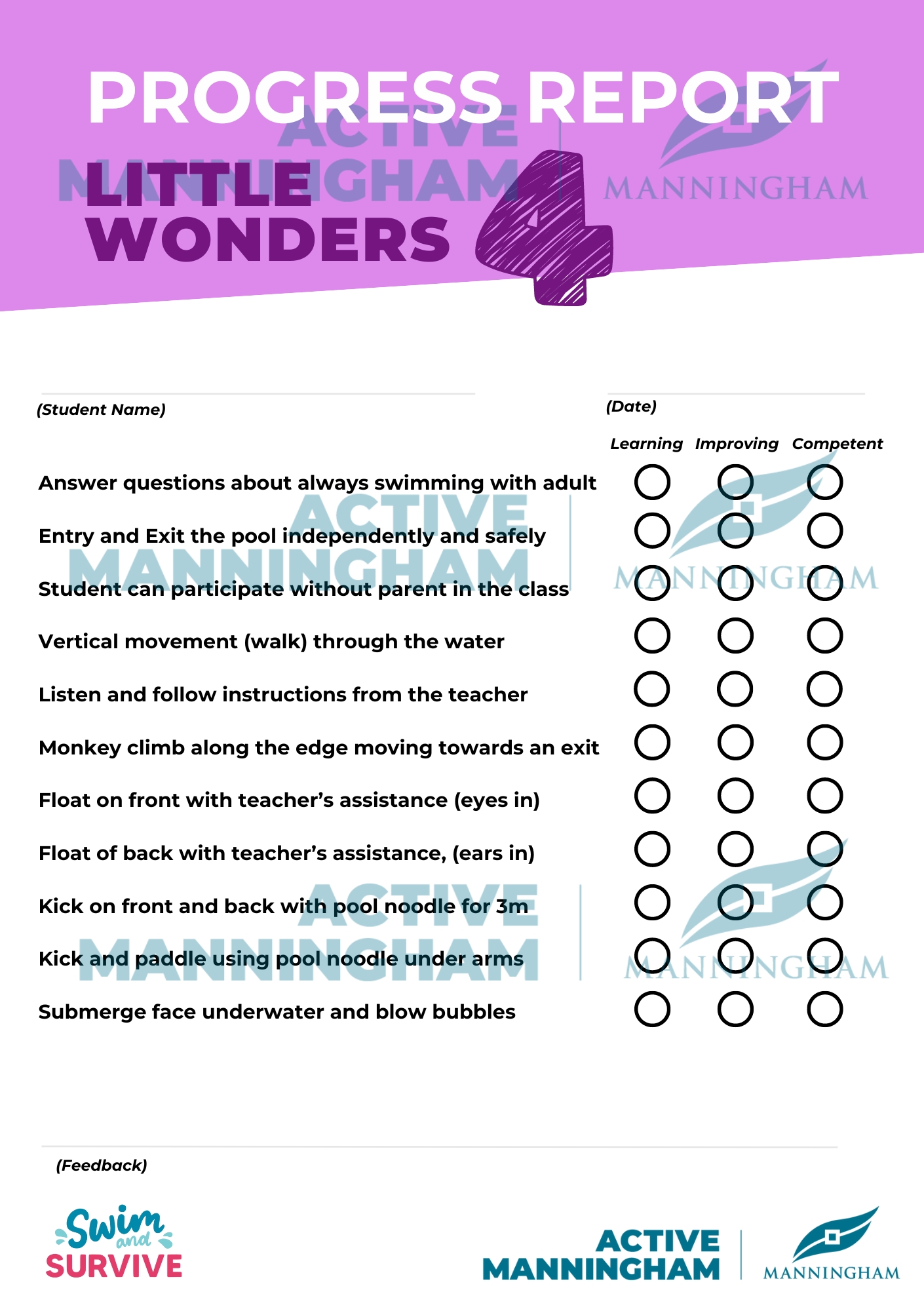 Learn to Swim Progress Report Cards - Active Manningham
